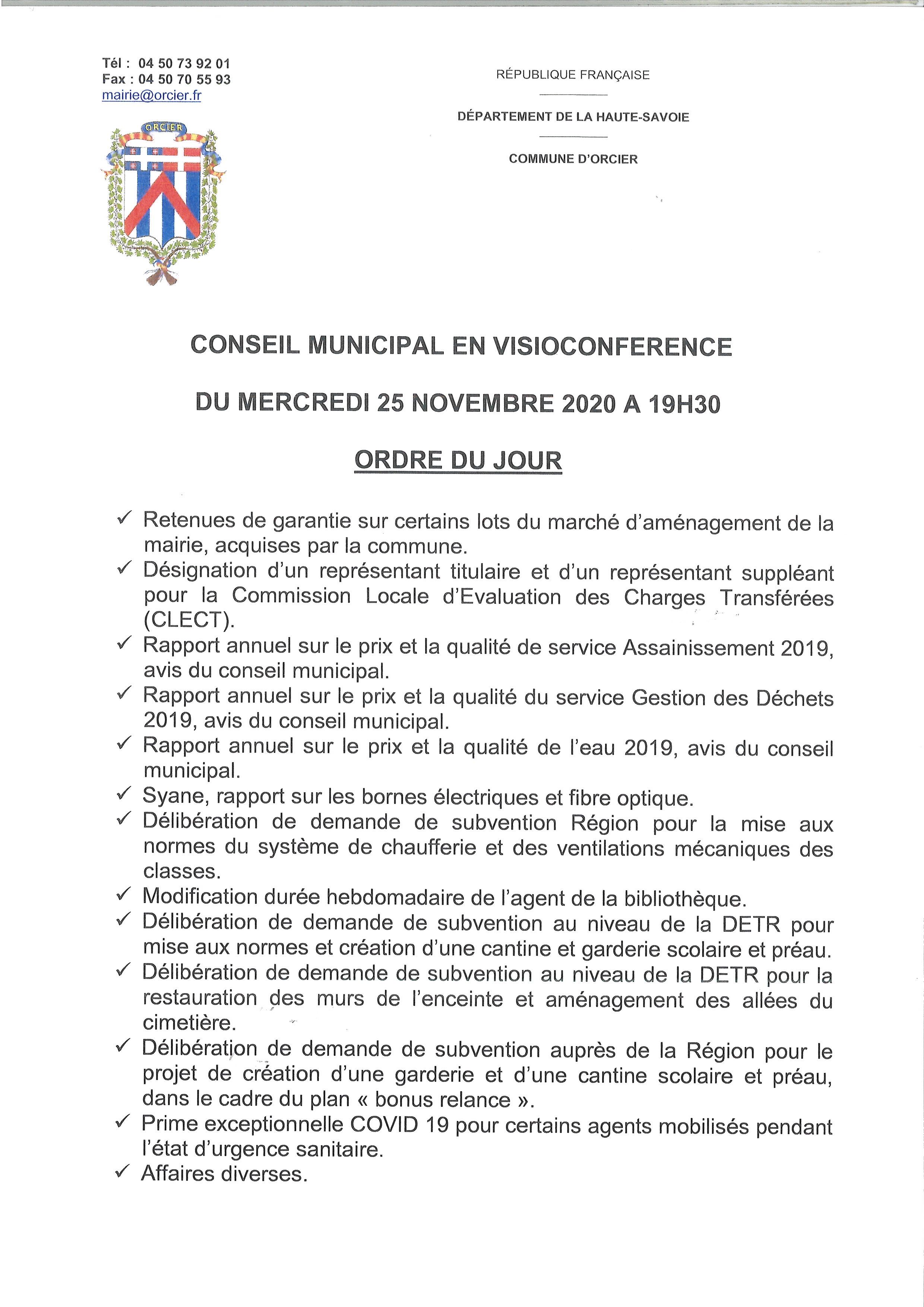 Conseil Municipal du mercredi 25 novembre à 19h30 en visioconférence - Ordre du jour