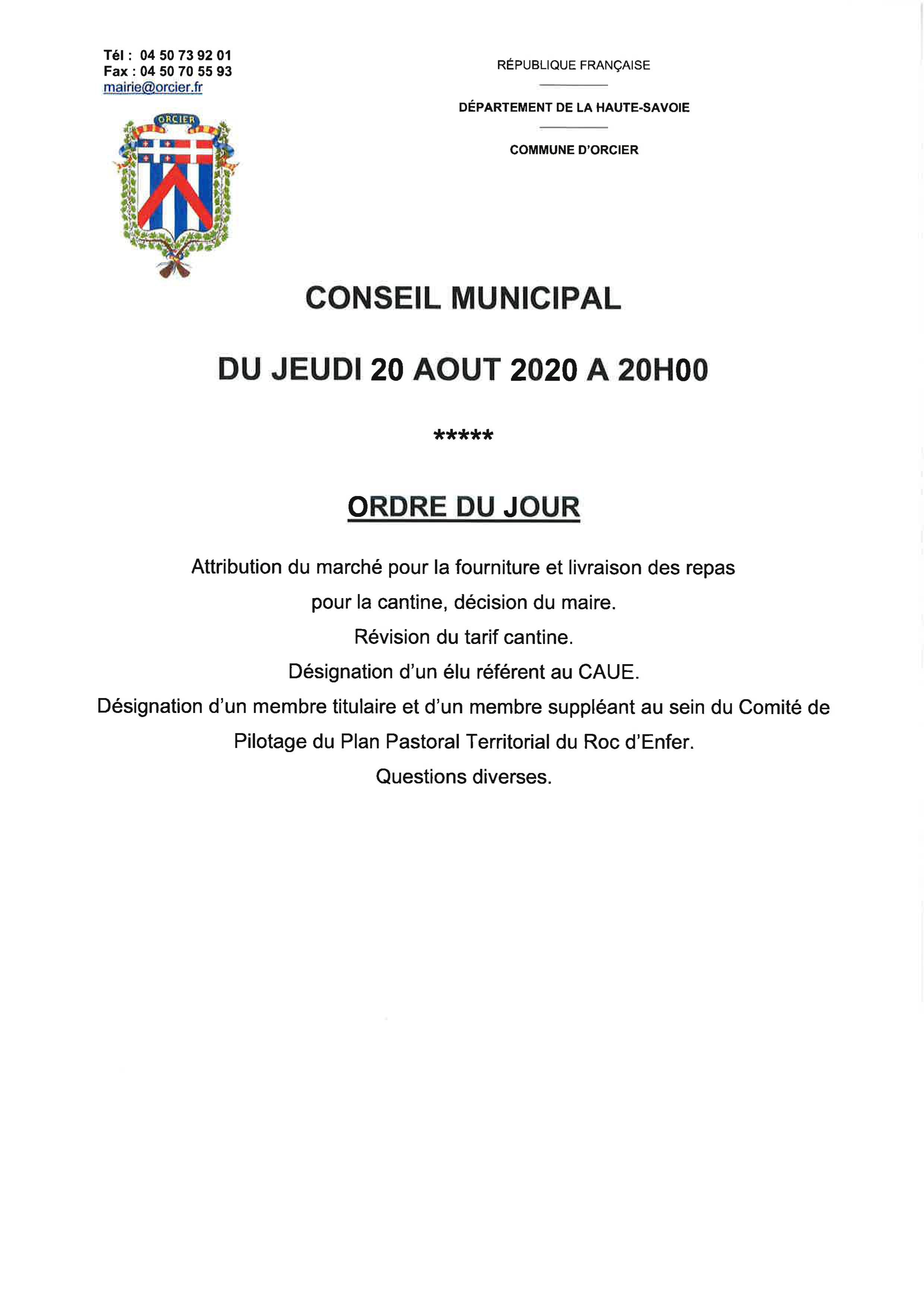 Conseil Municipal du 20 août 2020 - Ordre du jour